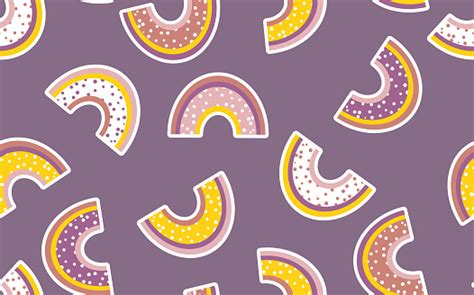 컬러 배경에 다채로운 무지개와 트렌디 한 원활 한 패턴 초대 포스터 카드 직물 직물 직물 직물을위한 디자인 아기를위한 귀여운 휴일 일러스트 스칸디나비아 낙서 스타일 0명에