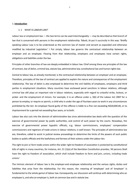 Labour Law Class Notes 2019 Introduction 1 What Is Labour Law Labour Law Or Employment Law