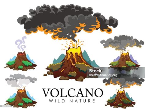 화산 분화 한 자 정도의 변화 또는 위험한 벌 컨 마그마 화산재와 화산 용암 산 벡터 일러스트 레이 션 아래로 흐르는 연기 비행기에서 인사를 깨우기의 집합 Active