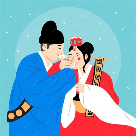 한국 문화 손으로 그린 평면 결혼식 그림 무료 벡터