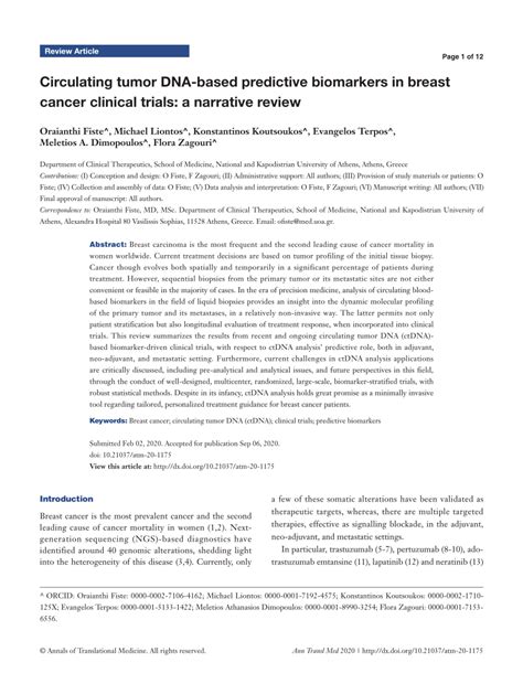 Pdf Circulating Tumor Dna Based Predictive Biomarkers In Breast Cancer Clinical Trials A