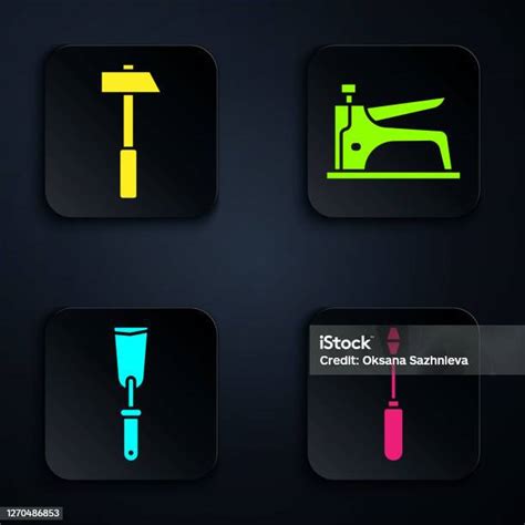 스크루드라이버 해머 퍼티 나이프 시공 스테이플러 세트 검은 색 사각형 버튼 벡터 갈고리 발톱에 대한 스톡 벡터 아트 및 기타 이미지 갈고리 발톱 건설 산업 건축하기