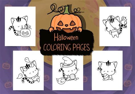 귀여운 할로윈 색칠 페이지 팩 색칠 페이지에 대 한 클립 아트 할로윈 고양이의 집합입니다 프리미엄 벡터
