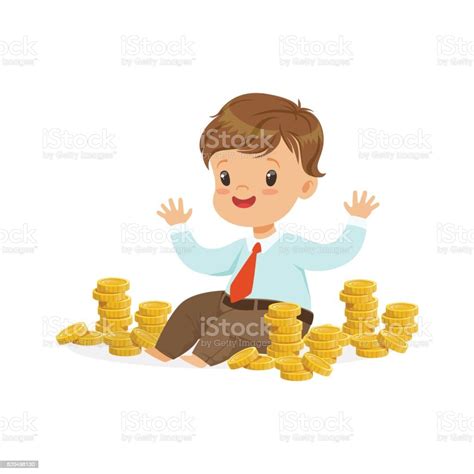 앉아 귀여운 작은 소년 사업가 금화 아이 저축 및 금융 어린 시절 벡터 일러스트 레이 션의 풍요로 움으로 둘러싸여 개념에 대한 스톡 벡터 아트 및 기타 이미지 Istock