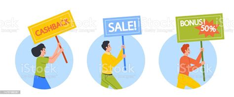 발기인은 캐쉬백 판매 및 보너스 격리 된 라운드 아이콘 또는 아바타를 제공합니다 발표하는 현수막을 든 여자와 남자 거래자에 대한 스톡 벡터 아트 및 기타 이미지 Istock