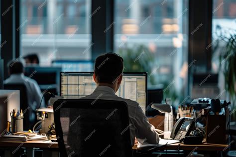 Premium Photo Man Sitting At Desk Working On Computer