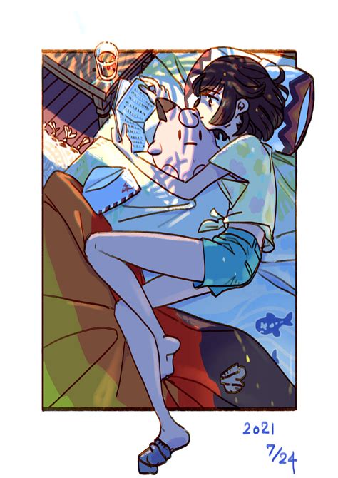 Safebooru 1girl Bed Bedroom Black Hair Clefairy Dated Green Shorts