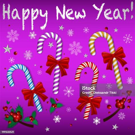 현실적인 크리스마스 달콤한 사탕 지팡이 새해 복 당 기 및 메리 크리스마스 휴일 을 축하 벡터 일러스트레이션 빨간 활과 리본 인사말 카드 전단지 파티에 대 한 소원 만화