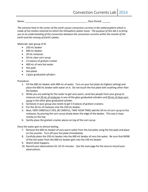 Convection Currents Lab Earth Science Experiment