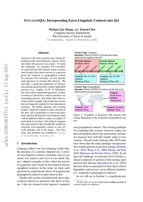 Pdf Situatedqa Incorporating Extra Linguistic Contexts Into Qa