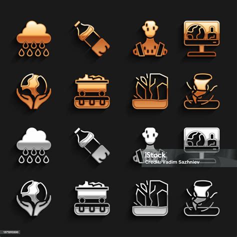 설정 석탄 기차 마차 일기 예보 토네이도 빙하 녹는 손 들고 지구 지구 높은 인간의 체온 구름과 물 아이콘의 병 벡터 사이클론에 대한 스톡 벡터 아트 및 기타 이미지