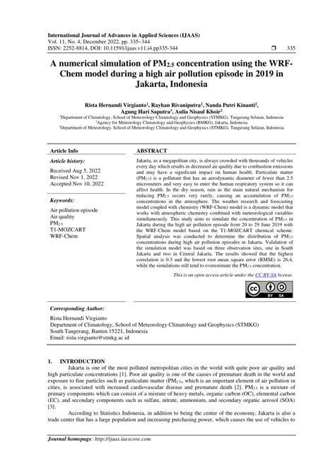 Pdf A Numerical Simulation Of Pm25 Concentration Using The Wrf Chem Model During A High Air