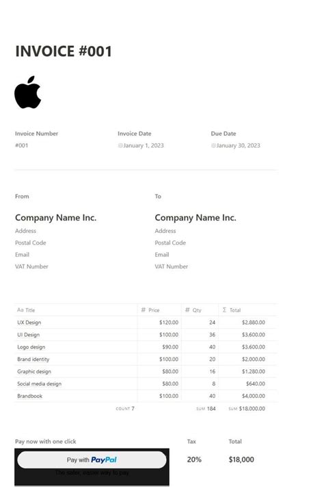 Clean And Simple Invoice In Form Of A Notion Template Containing Minimal