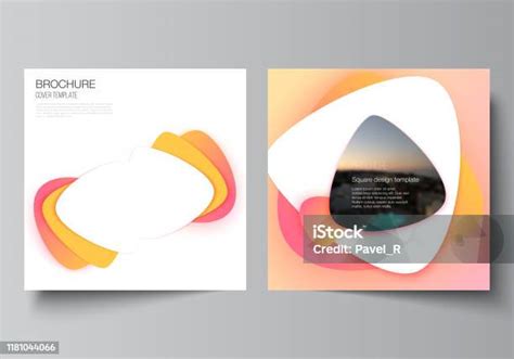 두 개의 정사각형 형식의 최소 벡터 일러스트 레이아웃은 브로셔 전단지 잡지에 대한 디자인 템플릿을 다룹니다 노란색 색상 그라데이션 추상 동적 모양 화려한 기하학적 템플릿