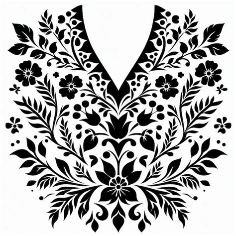 Stencil Art Leafy Branch Silhouette Collar V Collar For Kameez Black