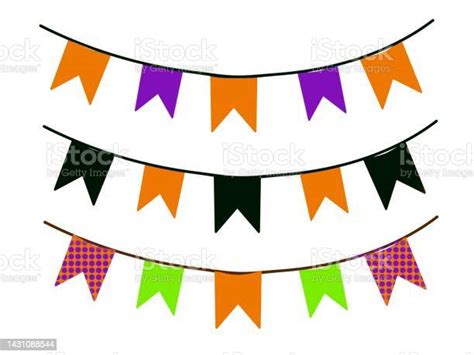 전통적인 할로윈 색상의 깃발이있는 축제 화환 흰색 배경에 고립되어 있습니다 10월에 대한 스톡 벡터 아트 및 기타 이미지