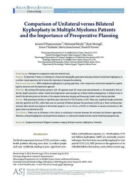 Pdf Comparison Of Unilateral Versus Bilateral Kyphoplasty In Multiple Myeloma Patients And The
