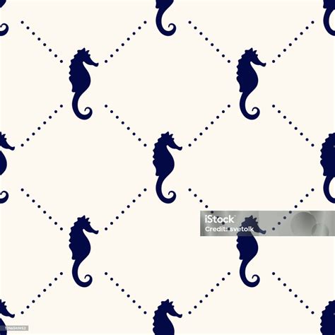 바다 말과 물방울 무늬의 실루엣 벡터 원활한 기하학적 패턴 해양 배경 섬유 질감 인쇄 포장지 Scapbooking에 대한 복고풍 항해 배경 곤색에 대한 스톡 벡터 아트 및