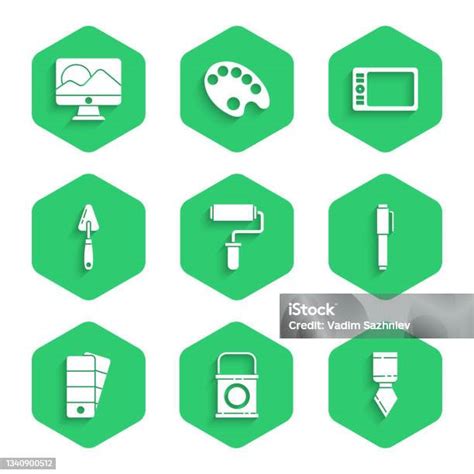 페인트 롤러 브러시 양동이 팔레트 나이프 펜 그래픽 태블릿 및 컴퓨터 모니터 화면 아이콘을 설정합니다 벡터 굴리기에 대한 스톡