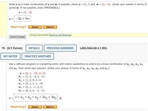 Solved Write V As A Linear Combination Of U And W If Chegg Com