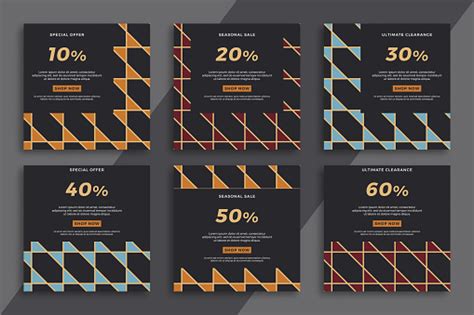 소셜 미디어 모바일 응용 프로그램에 대한 현대 판매 및 할인 프로모션 배경 기하학적 패턴의 어두운 사각형 광고 웹 배너 세트