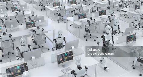 많은 동일한 복제 로봇은 컴퓨터가있는 책상에 앉아있는 사무실에서 작동합니다 스마트 로봇과 인공 지능을 가진 사람이없는 미래의 개념 3d 렌더링 로봇에 대한 스톡 사진 및