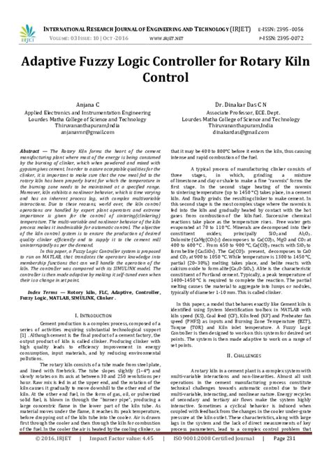 Pdf Adaptive Fuzzy Logic Controller For Rotary Kiln Control