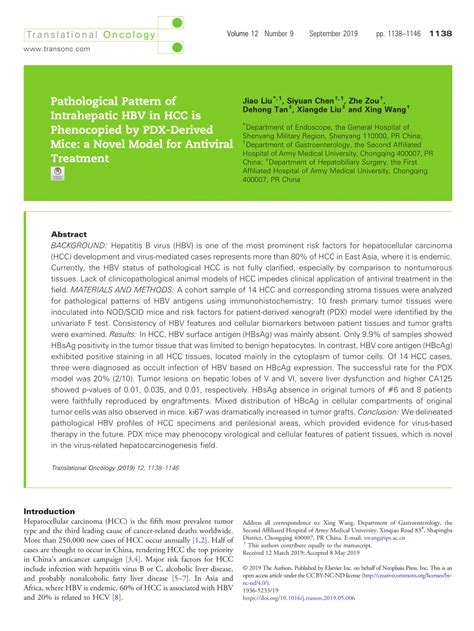 Pdf Pathological Pattern Of Intrahepatic Hbv In Hcc Is Phenocopied By Pdx Derived Mice A