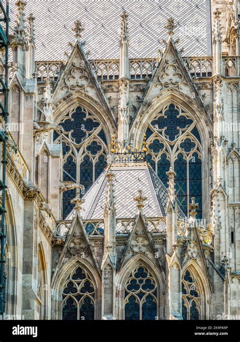 Close Up Detail With The Facade Of A Gothic Church Gothi Architecture In Vienna Austria Stock