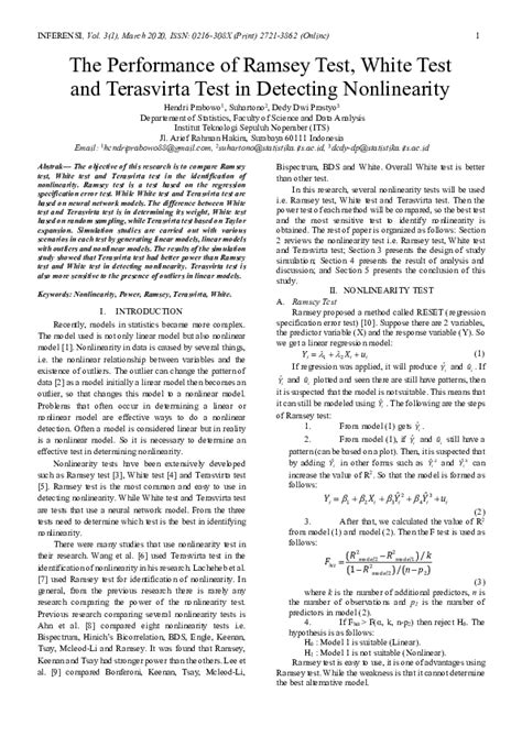 Pdf The Performance Of Ramsey Test White Test And Terasvirta Test In Detecting Nonlinearity