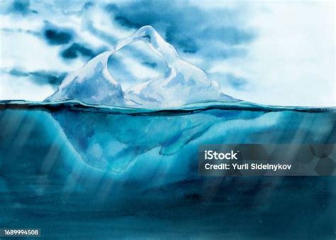 바다의 빙산과 수중 전망 바다에 떠 다니는 얼음 숨겨진 위험의 개념 수채화 그림입니다 눈과 물의 질감 지구 온난화를 다루기 위한 클립아트 빙하에 대한 스톡 벡터 아트 및