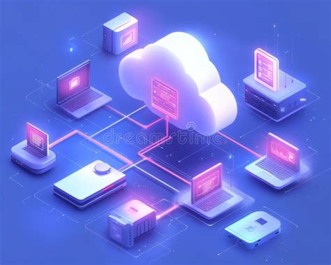Networking Devices With Laptops Servers And Cloud Connections In Isometric View Stock Image