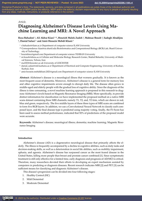 Pdf Diagnosing Alzheimers Disease Levels Using Machine Learning And Mri A Novel Approach