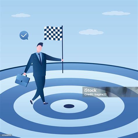 비즈니스 성공 또는 전략 개념 결승 깃발을 든 야망 사업가가 목표물의 중앙으로 곧장 걸어갑니다 작업 완료 목표 달성 겨냥에 대한 스톡 벡터 아트 및 기타 이미지 Istock