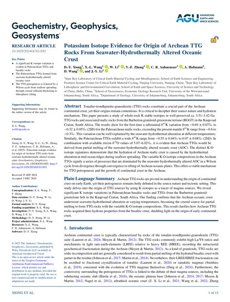 Pdf Potassium Isotope Evidence For Origin Of Archean Ttg Rocks From Seawater‐hydrothermally