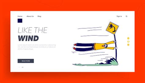 기상 예보 착륙 페이지 템플릿 강한 바람으로 날려 야자수와 도로 표지판에 매달려 행복한 남성 캐릭터 매우 바람과 열대 뇌우 선형