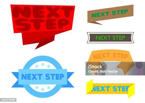 다음 단계 텍스트가 있는 리본 메뉴 집합입니다 배너 템플릿 라벨 스티커 기호 가상 이벤트에 대한 스톡 벡터 아트 및 기타 이미지