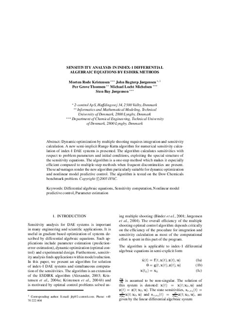 Pdf Sensitivity Analysis In Index 1 Differential Algebraic Equations By Esdirk Methods