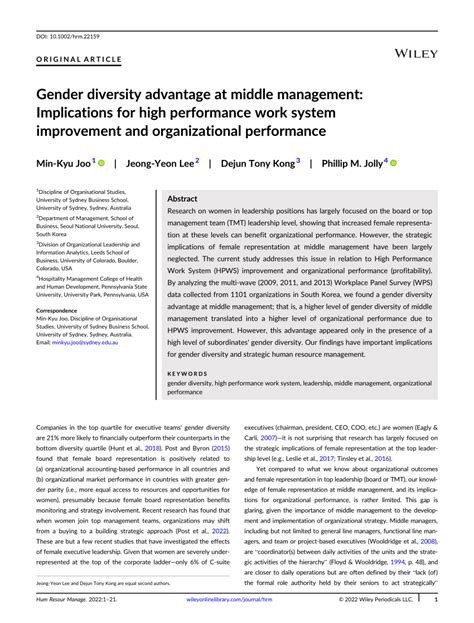 PDF Gender Diversity Advantage At Middle Management Implications For High Performance Work