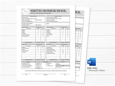 Homeschool Transcript High School Transcript Report Card Fillable School Record Printable