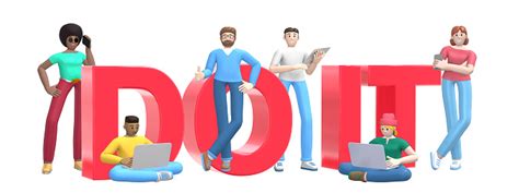 노트북 태블릿 전화 및 단어를 가진 젊은 다민족 성공적인 사람들의 그룹은 흰색 배경에서 그것을할 수평 배너 만화 문자 및 텍스트 웹 사이트 슬로건 3d 렌더링 공동체에 대한