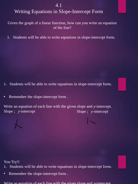 4 1 Writing Equations In Slope Intercept Form Pdf Mathematical Objects Equations