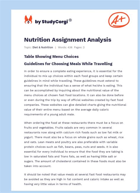 Nutrition Assignment Analysis Free Essay Example