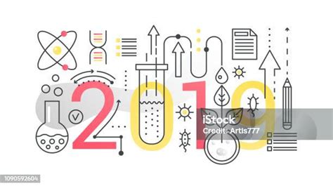 과학 2019 단어 유행 구성 개념 배너입니다 선 기술 공학 물리학 현대 교육 개요 플랫 라인 아이콘 글자 흰색 배경에 인쇄 술입니다 Dna에 대한 스톡 벡터 아트 및 기타
