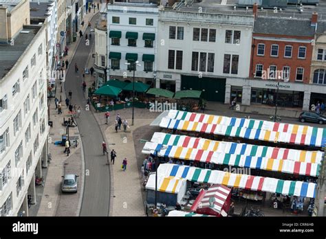Cambridge Market Square Uk Aerial View Showing Colourful Market Stall