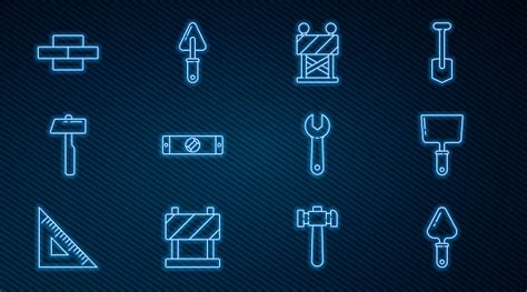 세트 라인 흙손 퍼티 나이프 도로 장벽 건설 버블 레벨 망치 벽돌 렌치 스패너 및 아이콘 벡터 갈고리 발톱에 대한 스톡 벡터