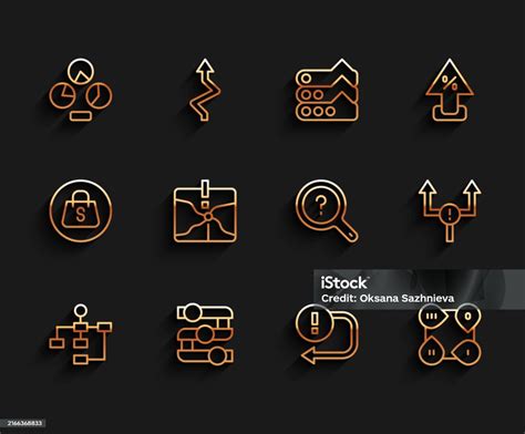 라인 계층 구조 오가노그램 차트 그래프 차트 다이어그램 파이 인포그래픽 화살표 인포그래픽 요소 교차점 및 알 수 없는 검색 아이콘을 설정합니다 벡터 가리키기에 대한 스톡