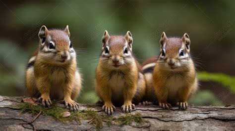 Three Chipmunks Sitting On A Piece Of Wood Three Backgrounds Piece