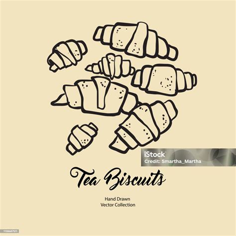 오래 된 스타일의 크루아상 절연 손으로 그린 벡터 라인 그림 벡터 차 비스킷 요리 로고 포장 디자인 카페 메뉴 배너 Flayer에 대 한 쿠키 레트로 손으로 그린 스타일의