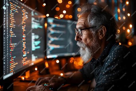 old man coding intently on a computer in the room at home premium ai